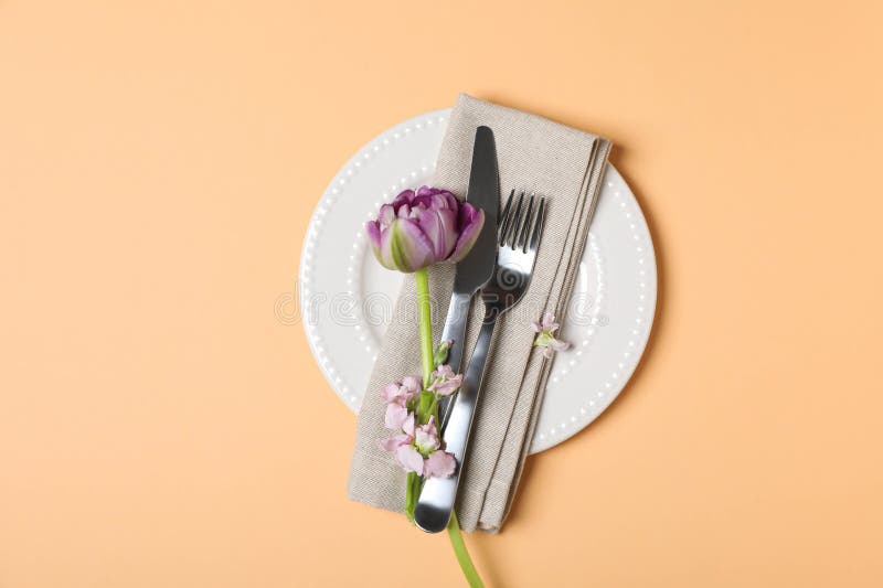 Concept of Spring Season Table Setting, Top View Stock Photo - Image of ...
