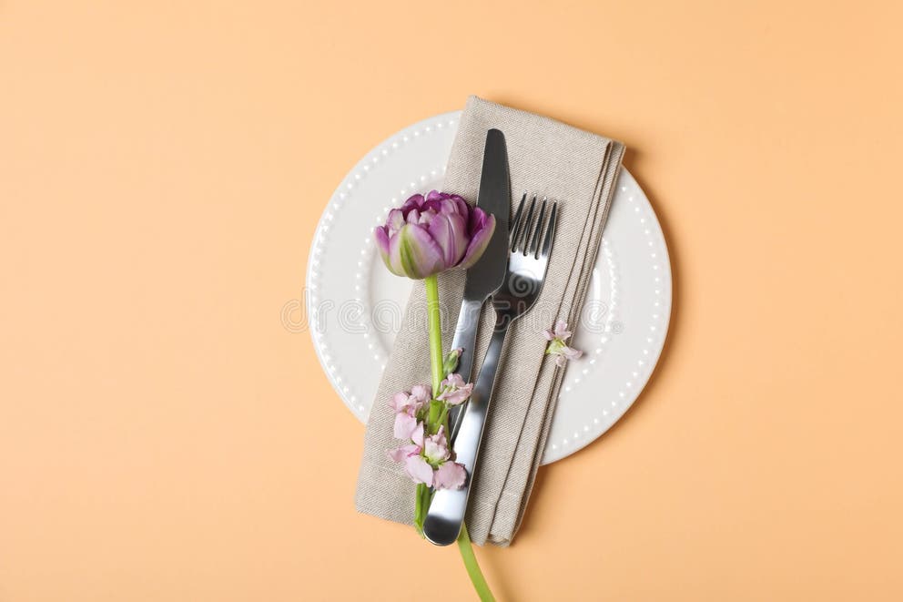 Concept of Spring Season Table Setting, Top View Stock Photo - Image of ...
