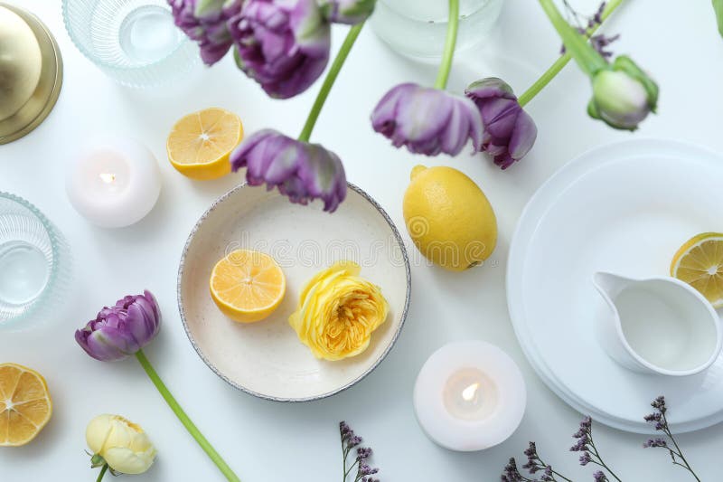 Concept of Spring Season Table Setting, Top View Stock Photo - Image of ...