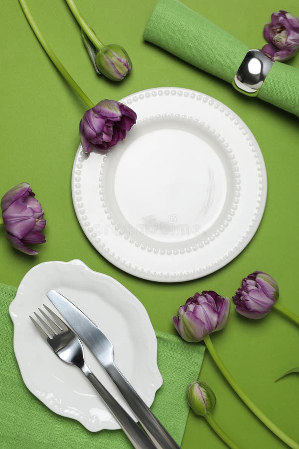 Concept of Spring Season Table Setting, Top View Stock Photo - Image of ...