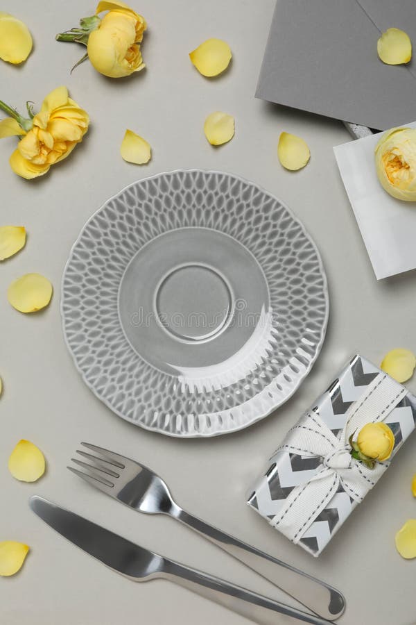 Concept of Spring Season Table Setting, Top View Stock Image - Image of ...