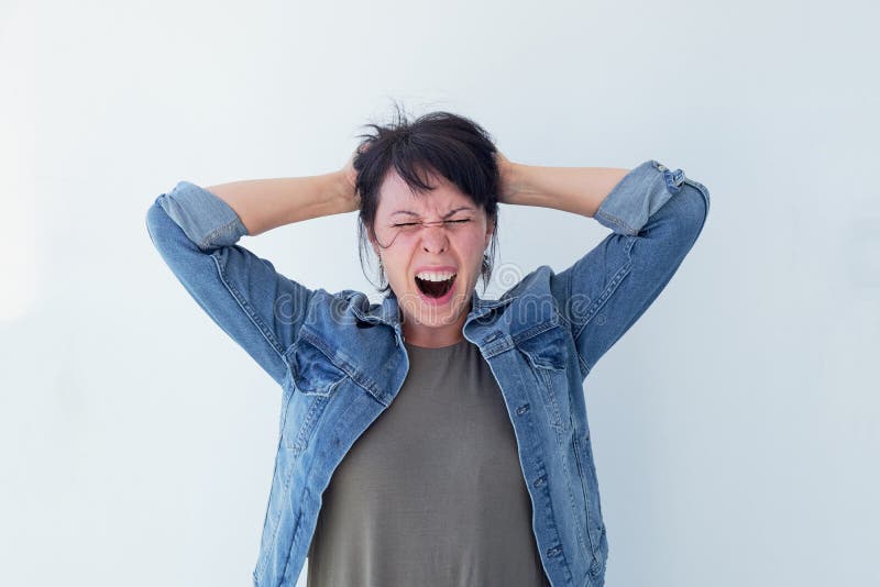 Concept of Stress Woman Head Shot on White Background Stock Image ...