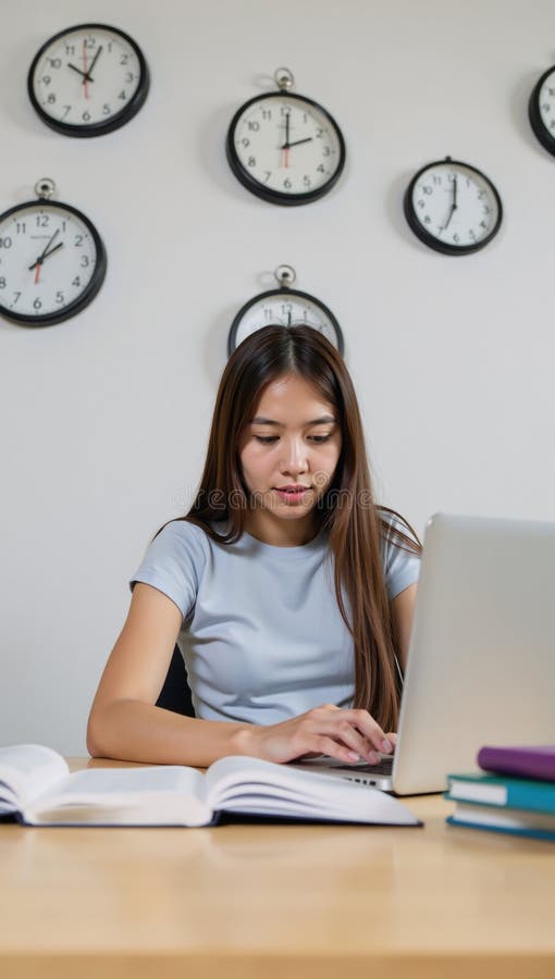 Student Studying at Cluttered Desk with Laptops and Multiple Clocks ...