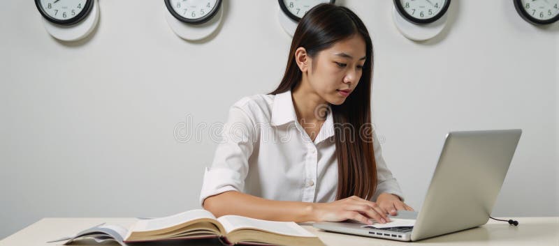 Student Studying at Cluttered Desk with Laptops and Multiple Clocks ...