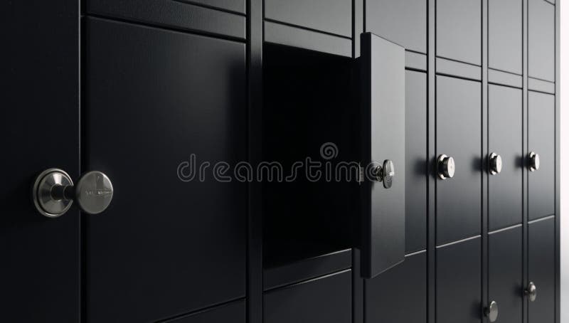 A Stylized Image Featuring Black Lockers with One Open Compartment ...