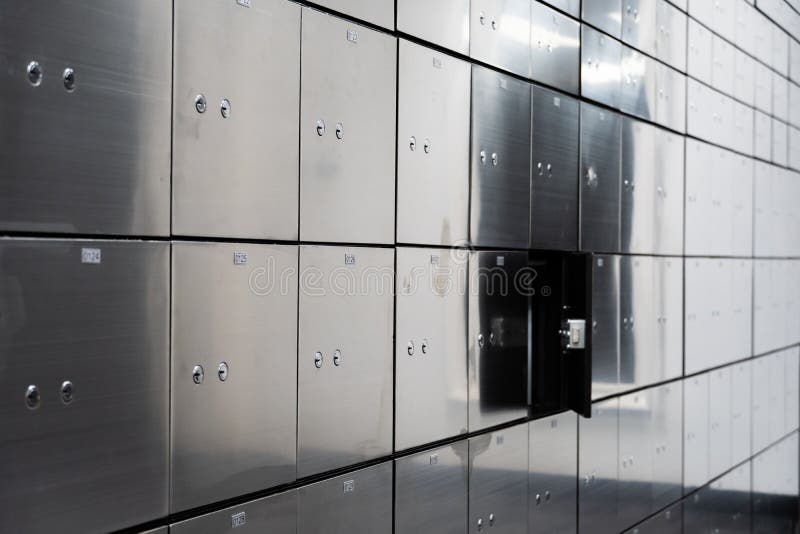 Metal Safe Box Panel Wall with Open One. Stock Photo - Image of ...
