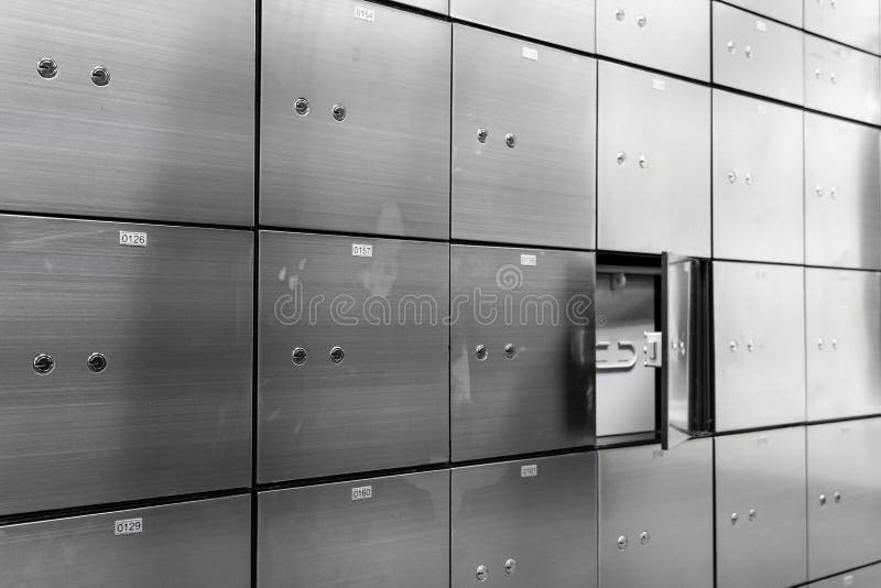 Metal Safe Box Panel Wall with Open One. Stock Image - Image of ...