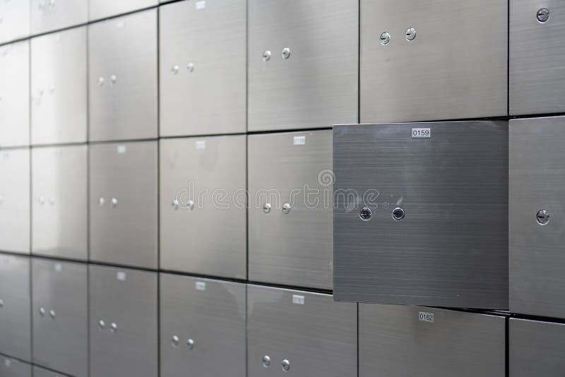 Metal Safe Box Panel Wall with Open One. Stock Photo - Image of ...