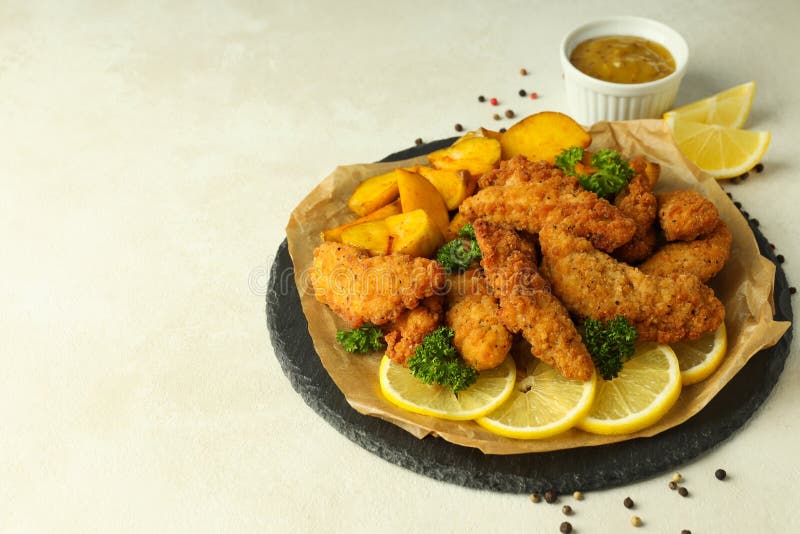Concept of Tasty Food with Chicken Strips, Space for Text Stock Image ...