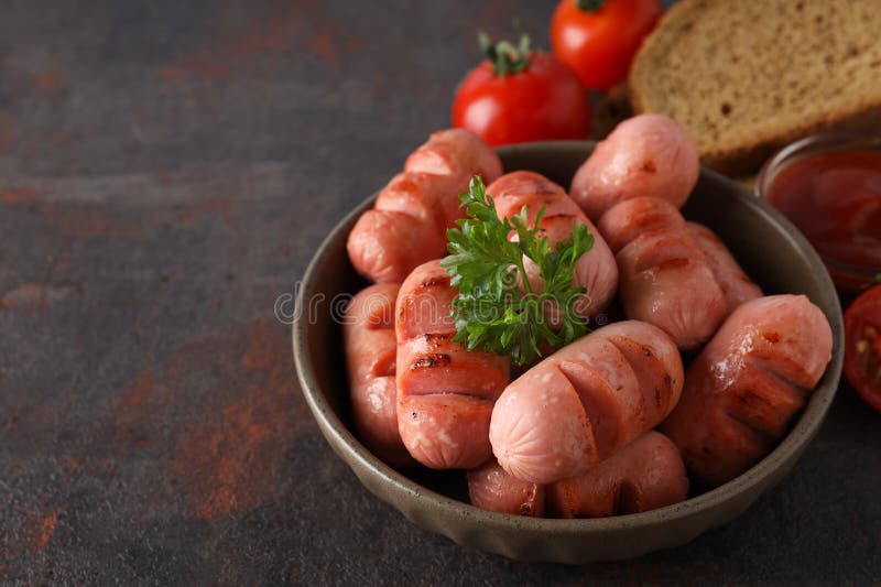 Concept of Tasty Food, Grilled Mini Sausage, Space for Text Stock Photo ...