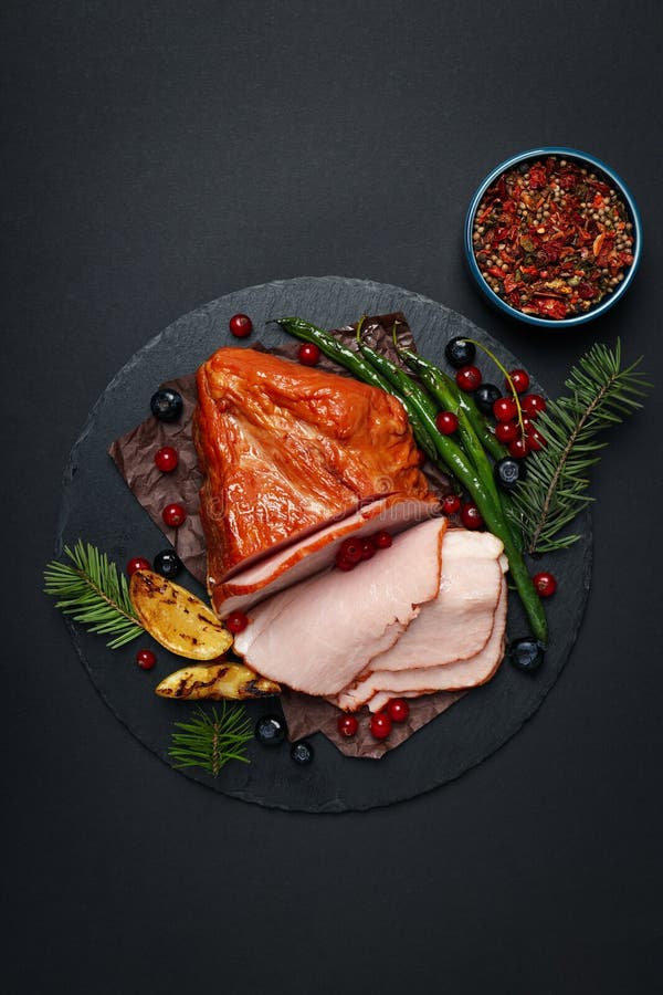 Concept of Tasty Food, Ham, Top View Stock Photo - Image of currant ...
