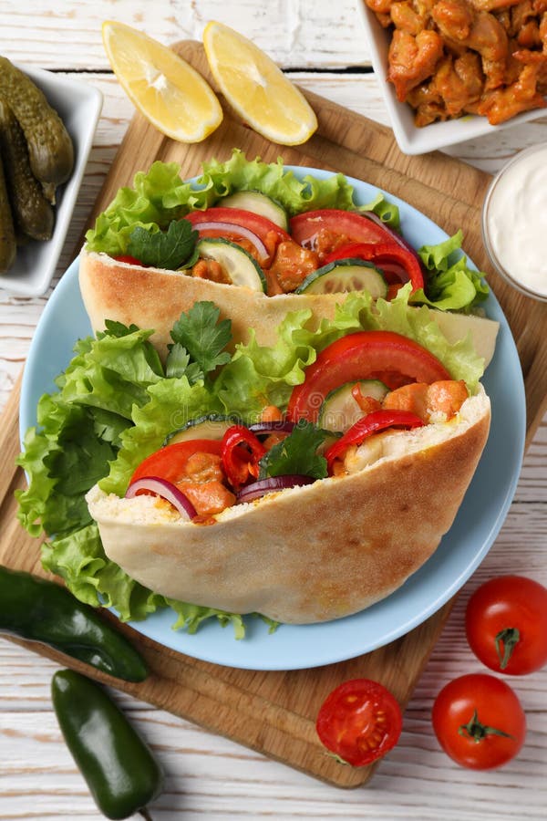 Concept of Tasty Food with Pitas with Chicken, Top View Stock Photo ...