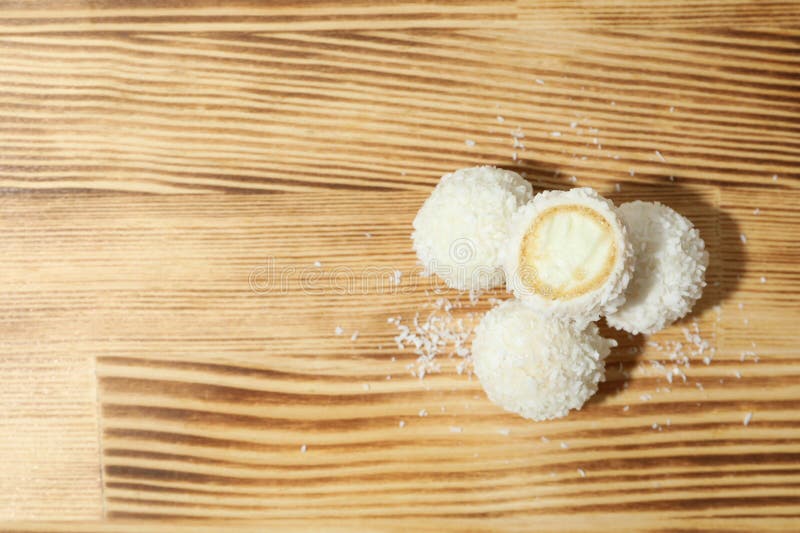 Concept of Tasty Sweets, Coconut Candies, Space for Text Stock Photo ...