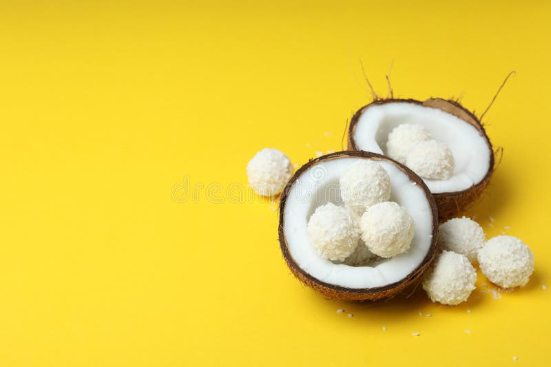 Concept of Tasty Sweets, Coconut Candies, Space for Text Stock Photo ...