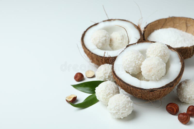 Concept of Tasty Sweets, Coconut Candies, Space for Text Stock Photo ...