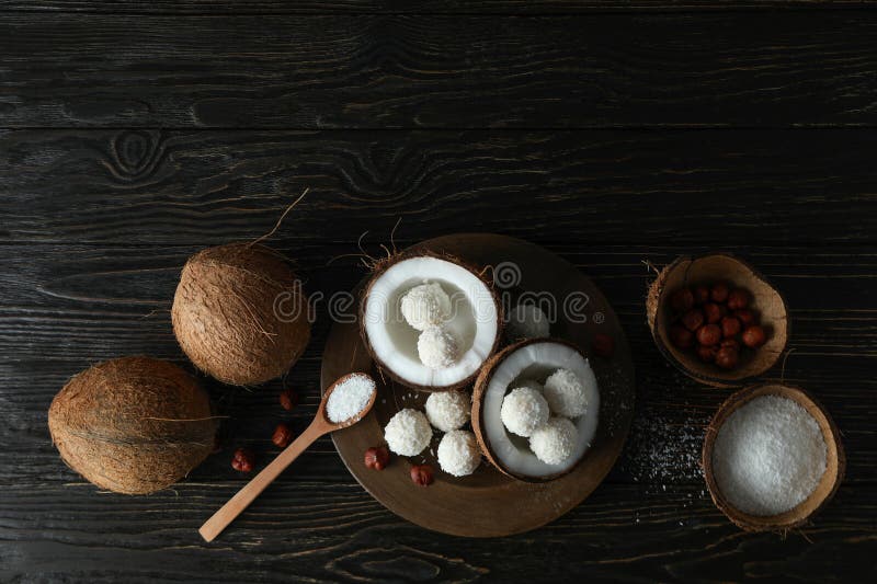 Concept of Tasty Sweets, Coconut Candies, Space for Text Stock Photo ...