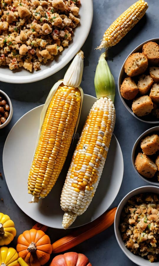 Thanksgiving Corn on the Cob beside a Plate of Stuffin. Generative AI ...