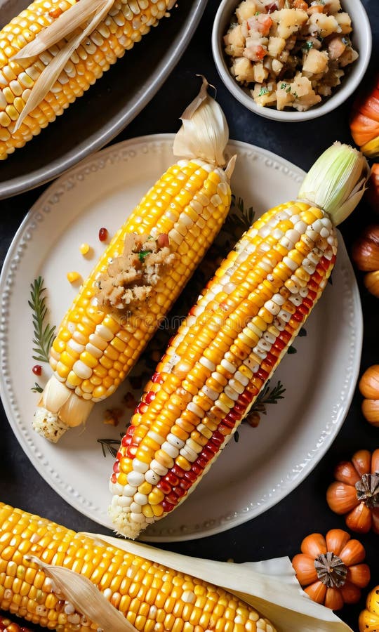 Thanksgiving Corn on the Cob beside a Plate of Stuffin. Generative AI ...