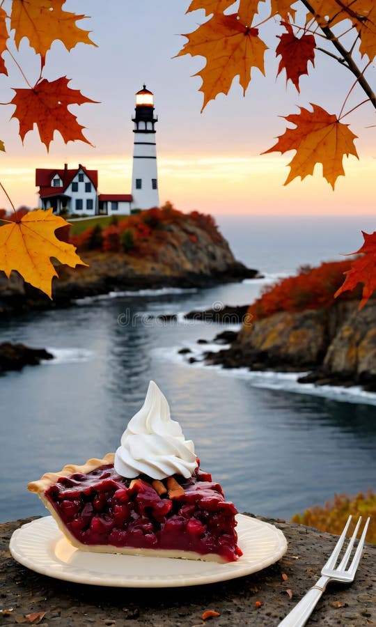 Thanksgiving Pie on a Hill with a Lighthouse in the Distanc. Generative ...
