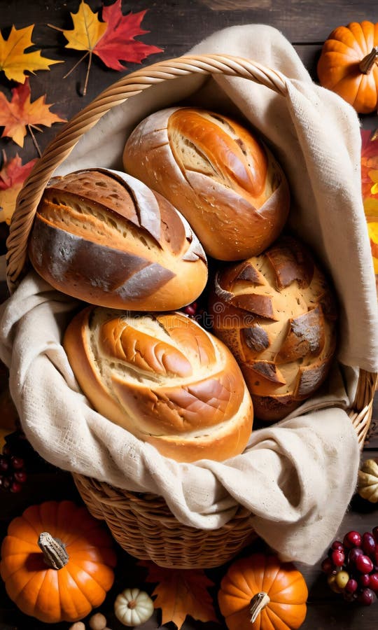 Thanksgiving Rustic Bread Loaves in a Baske. Generative AI Stock Photo ...