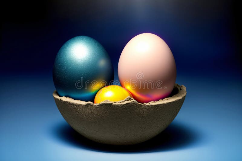 Three Eggs in a Cracked Egg Shell on a Blue Background. Generative AI ...