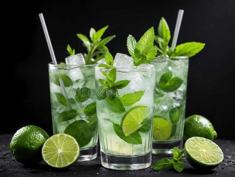 Three Glasses of Mojito with Limes and Mint. Generative AI Stock ...