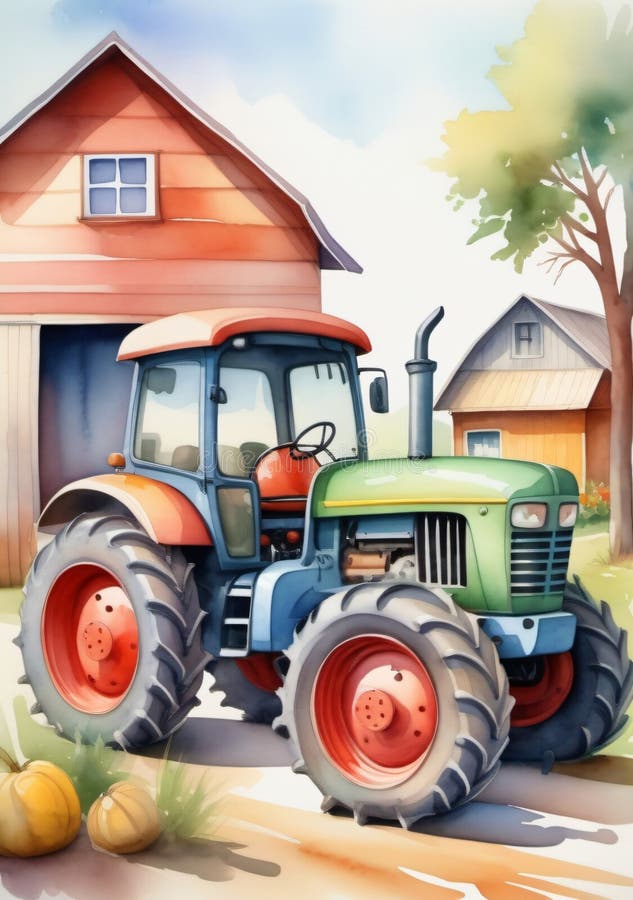 A Tractor with a Trailer and a Barn in the Background. Generative AI ...