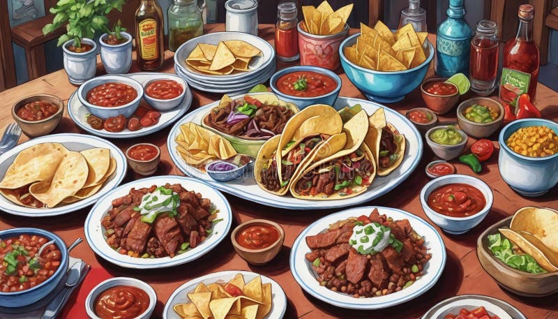 Traditional Mexican Feast with Tacos, Salsa, and Vibrant Table Decor ...