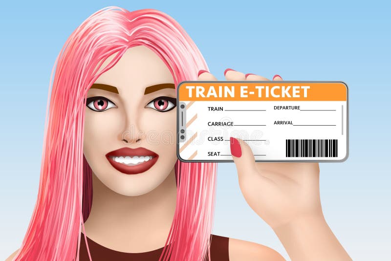 Concept Train E-ticket Electronic Ticket. Drawn Beautiful Girl on Vivid ...