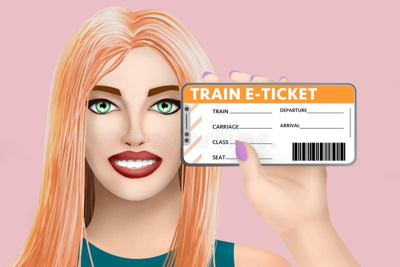 Concept Train E-ticket Electronic Ticket. Drawn Cute Girl on Colourful ...