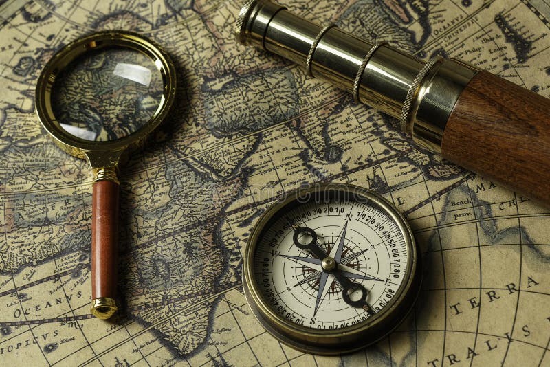 Retro Compass With Old Map And Spyglass Stock Image Image Of