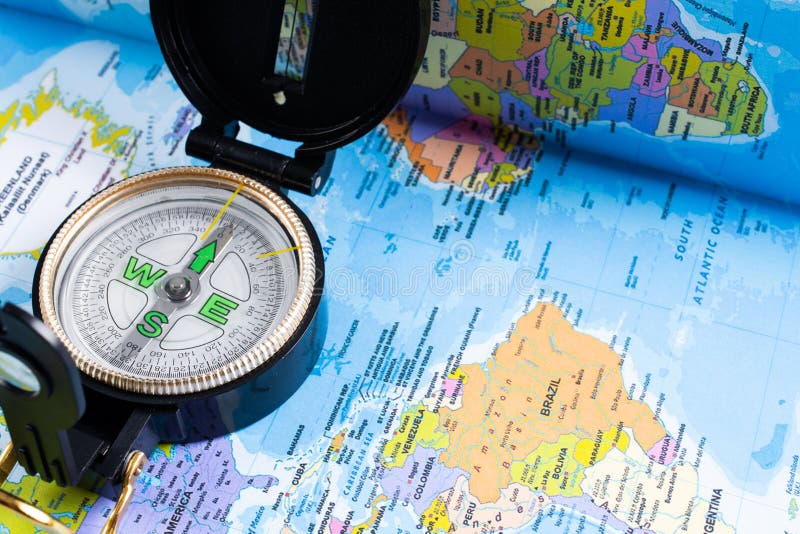 Concept of Travel. Map and Compass Stock Photo - Image of focus, globe ...
