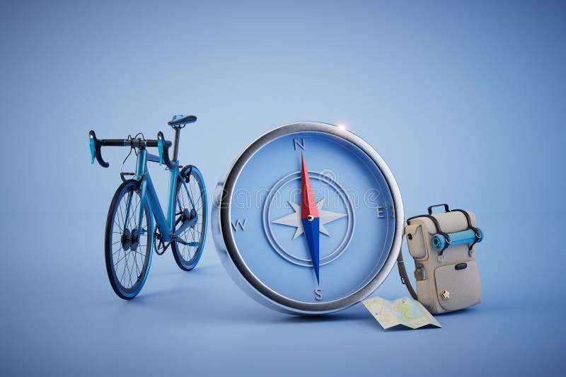 The Concept of Traveling by Bicycles. Bike, Compass, Map and Hiking ...