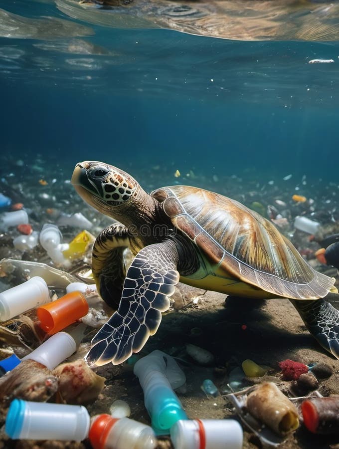 Turtle Swimming among Trash Underwater, Plastic Waste in Sea Water ...