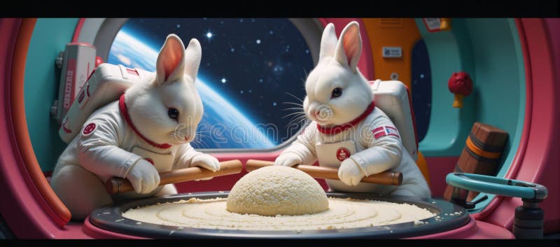 Two Anthropomorphic Rabbit Astronauts Prepare Dessert Aboard Their ...
