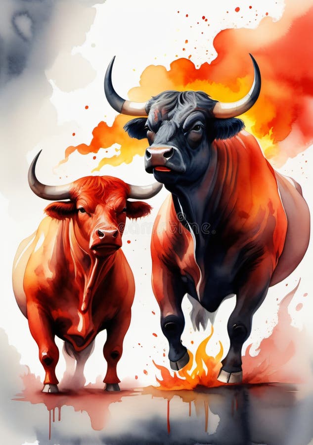 Two Bulls in the Fore. Generative AI Stock Illustration - Illustration ...