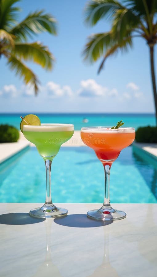 Two Drinks at a Resort Pool Overlooking the Beach Stock Illustration ...