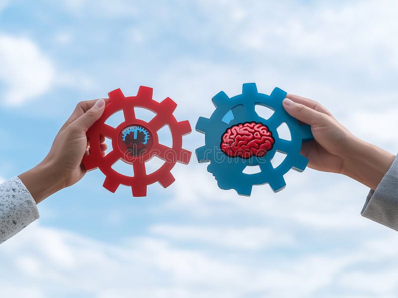 Concept of Two Hands Holding Red and Blue Gears Symbolizing Creativity ...