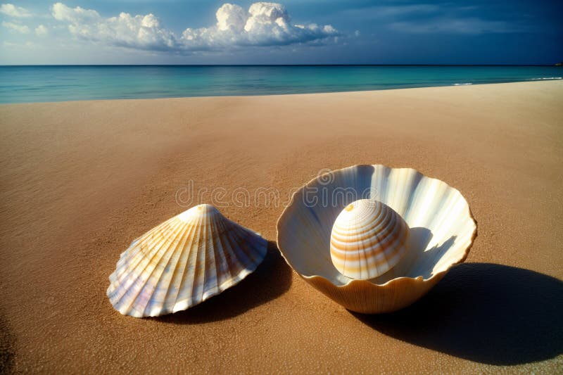 Two Seashells on a Sandy Beach with the Ocean in the Background ...