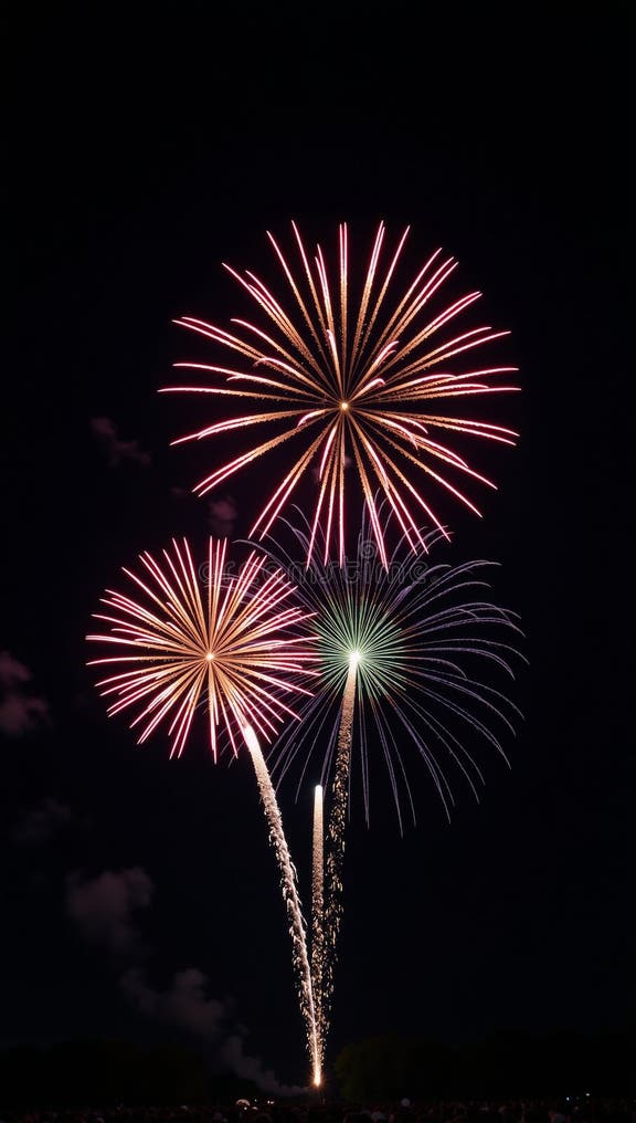 Vibrant Firework Display Against Starry Backdrop at Nighttime Stock ...