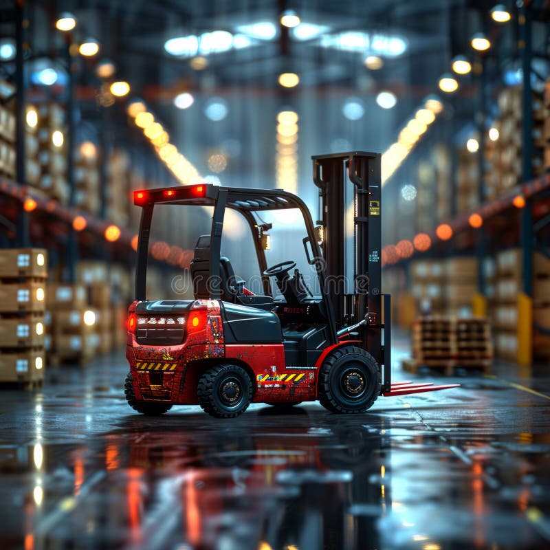 Concept of Warehouse. the Forklift between Rows in the Big Warehouse ...