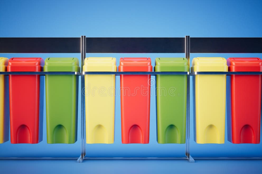 The Concept of Waste Sorting. Multi-colored Garbage Cans on a Blue ...