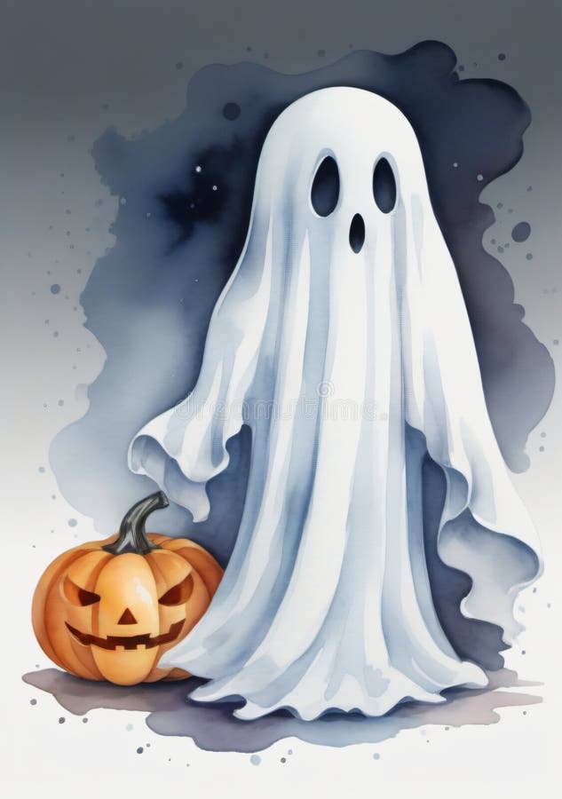 Watercolor Illustration of a White Ghost Halloween Object Isolated on ...