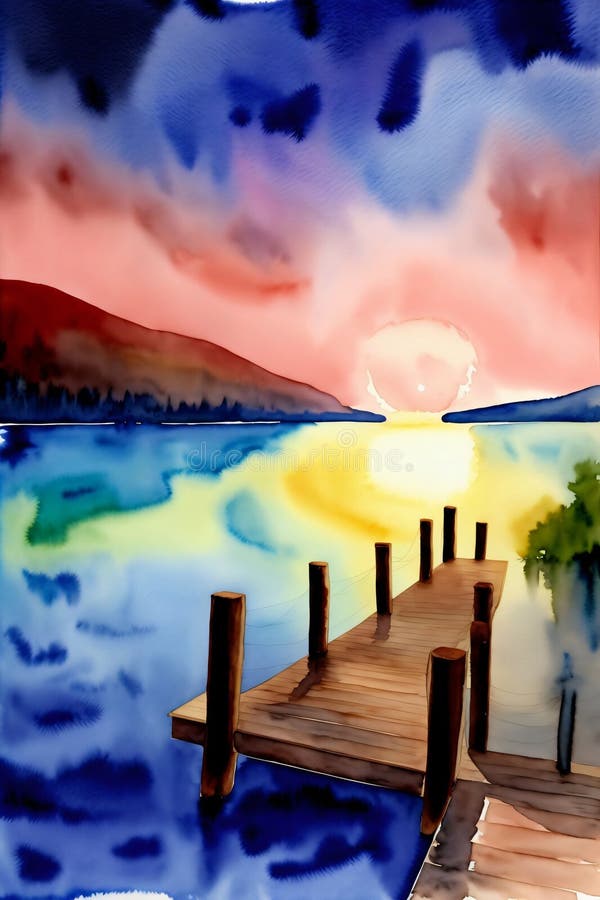 A Watercolor Painting of a Dock at Sunset. Generative AI Stock Image ...