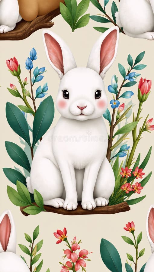 Watercolor Patterns Featuring Cute White Rabbits and Springtime Flora ...