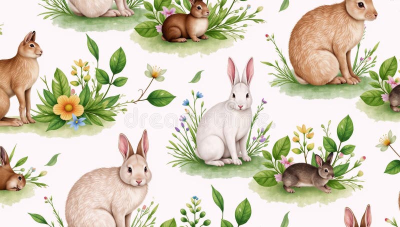 Watercolor Patterns Featuring Cute White Rabbits and Springtime Flora ...