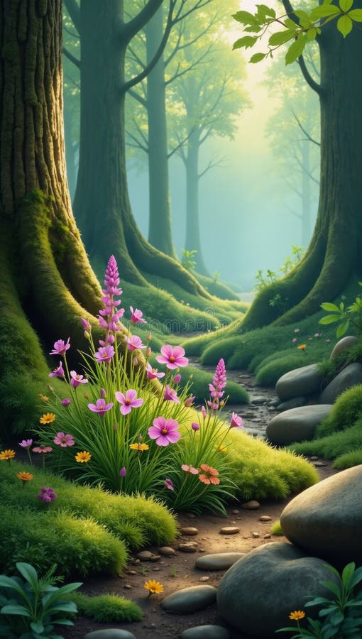 Watercolorstyle Forest Landscape with Border Stock Illustration ...