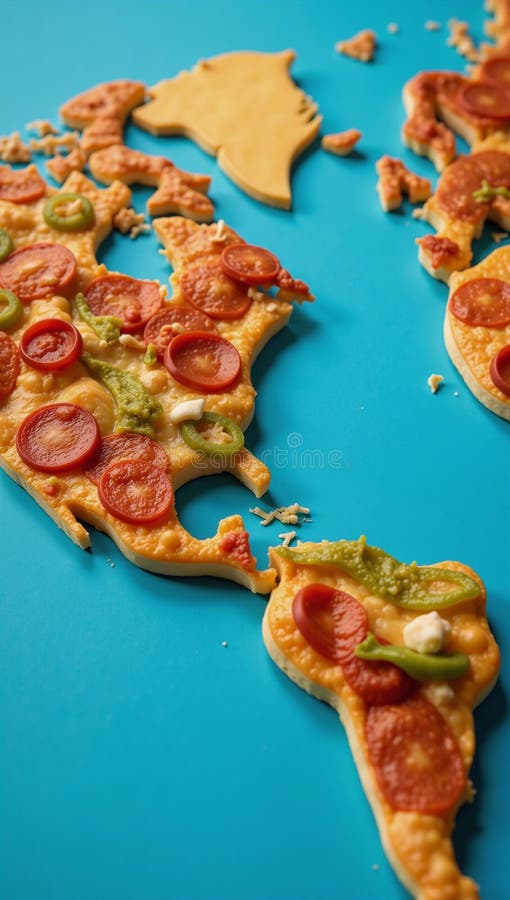 A Whimsical World Map Crafted from Various Pizza Toppings Against a ...