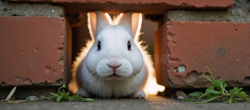 A White Rabbit Emerges from Its Hiding Place within a Wall Stock ...