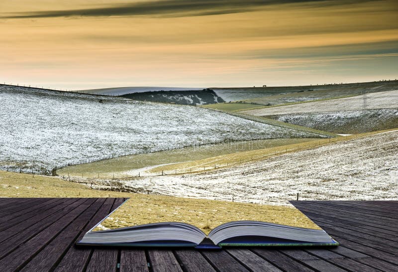 Magical Book Contents Spilling into Landscape Stock Photo - Image of ...